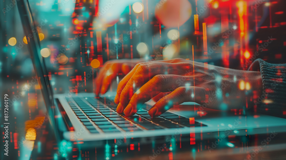 Programmer hands on a laptop keyboard with blurred city lights in the ...