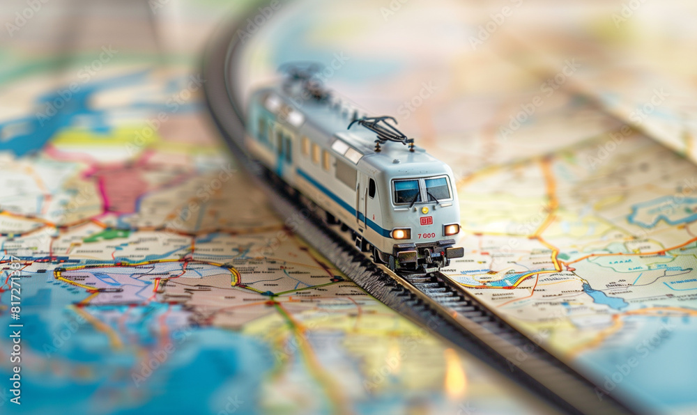 A train model against a map background is a dynamic illustration of the ...