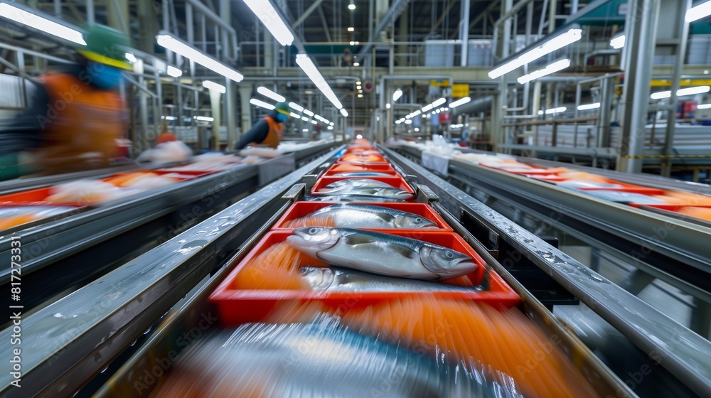 Conveyor belt transporting crates of freshly caught fish for processing ...