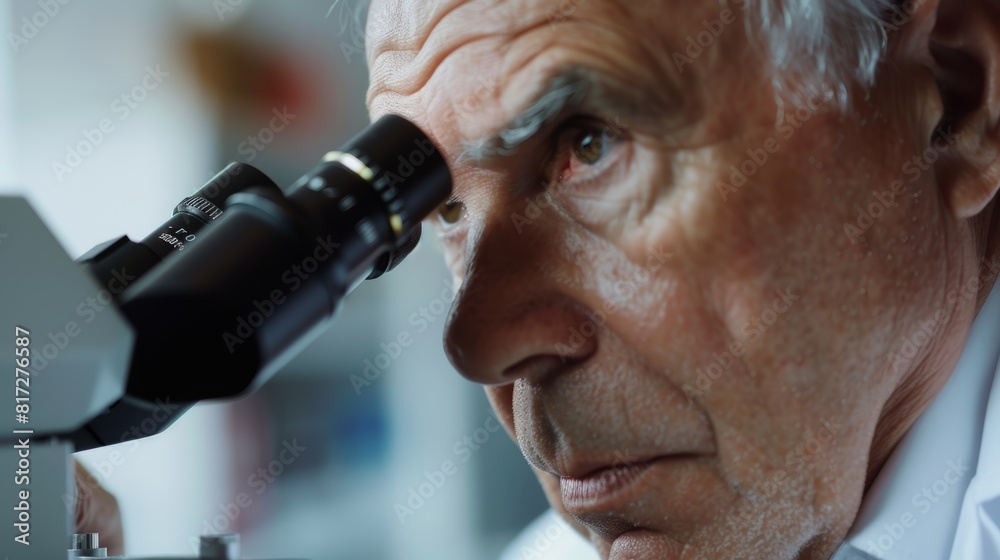 Senior man, microscope, research, medical, data analysis, biotechnology ...