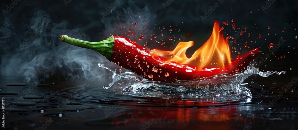 Red hot chili pepper on fire with splash of water on dark background ...