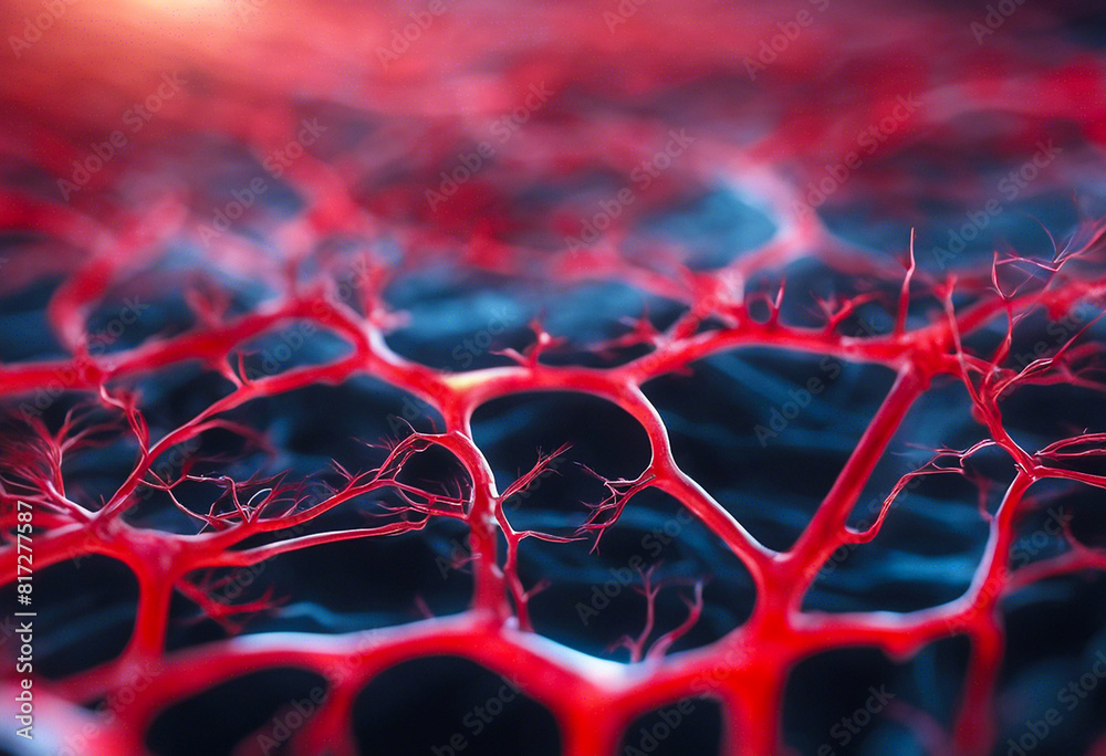 Red veins and arteries network on a blue background with selective ...