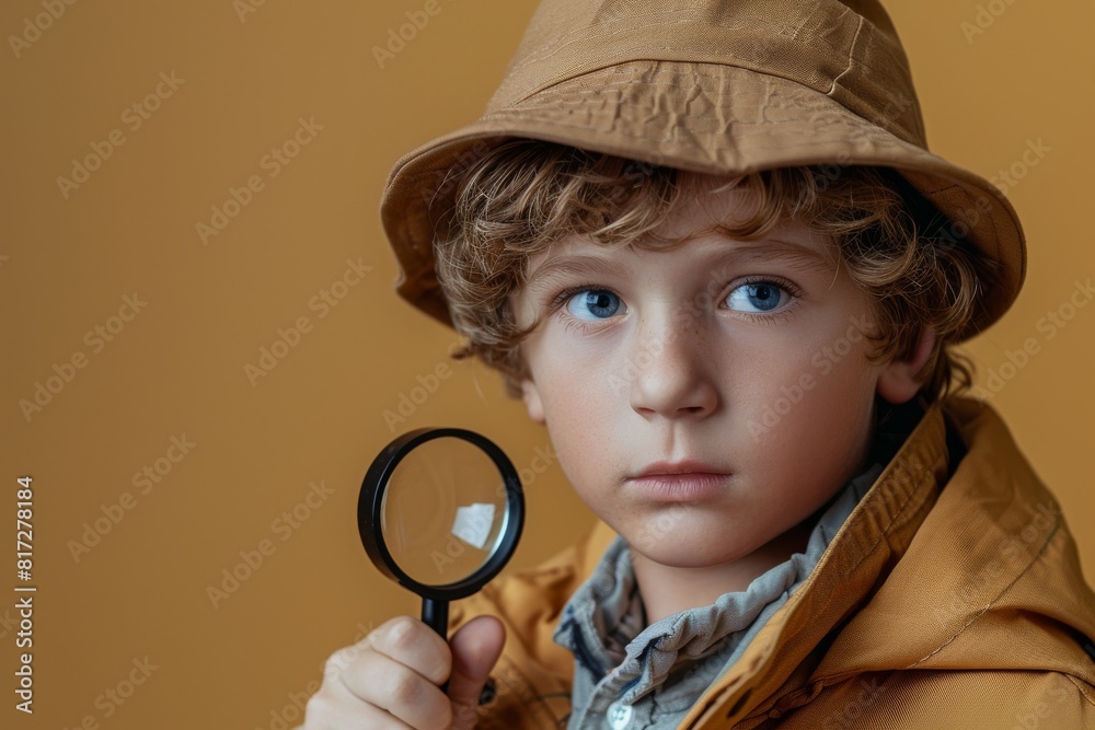 Cute little boy in a brown suit and hat posing with a magnifying glass ...
