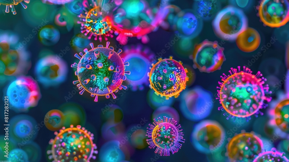 Artistic photo of vibrant virus particles under a microscope, blending ...