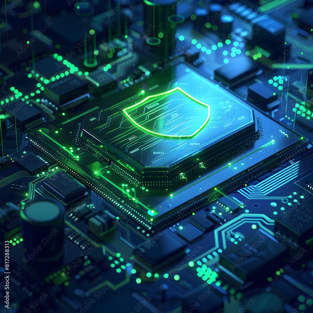 Green Shield Icon Floating Above Circuit Board A Symbol of Electronic ...