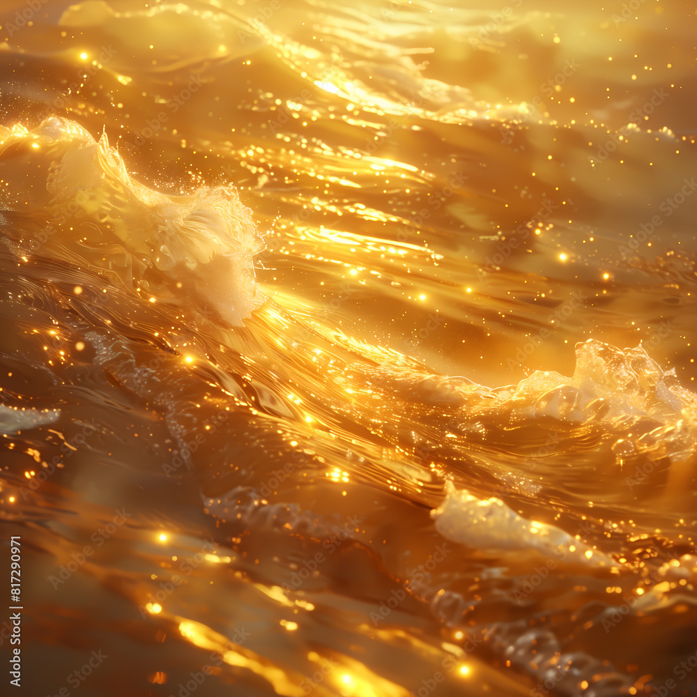 Golden water wave reflection in sunset. Golden sea. Golden waves ...