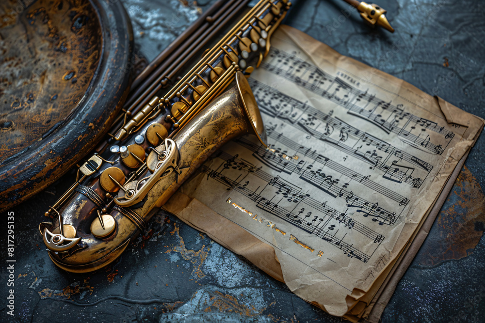 Vintage saxophone lying on a music sheet with a rustic background. High ...