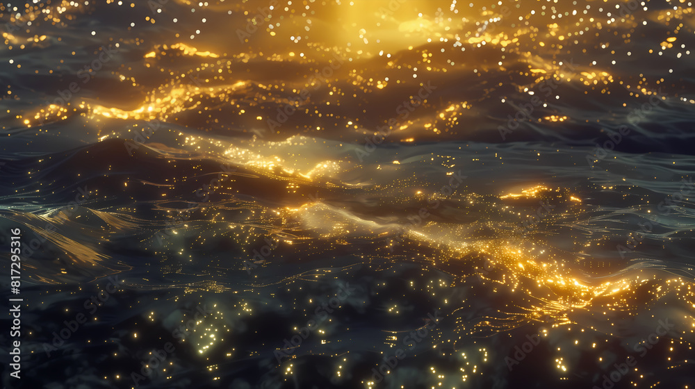 Golden water wave reflection in sunset. Golden sea. Golden waves ...