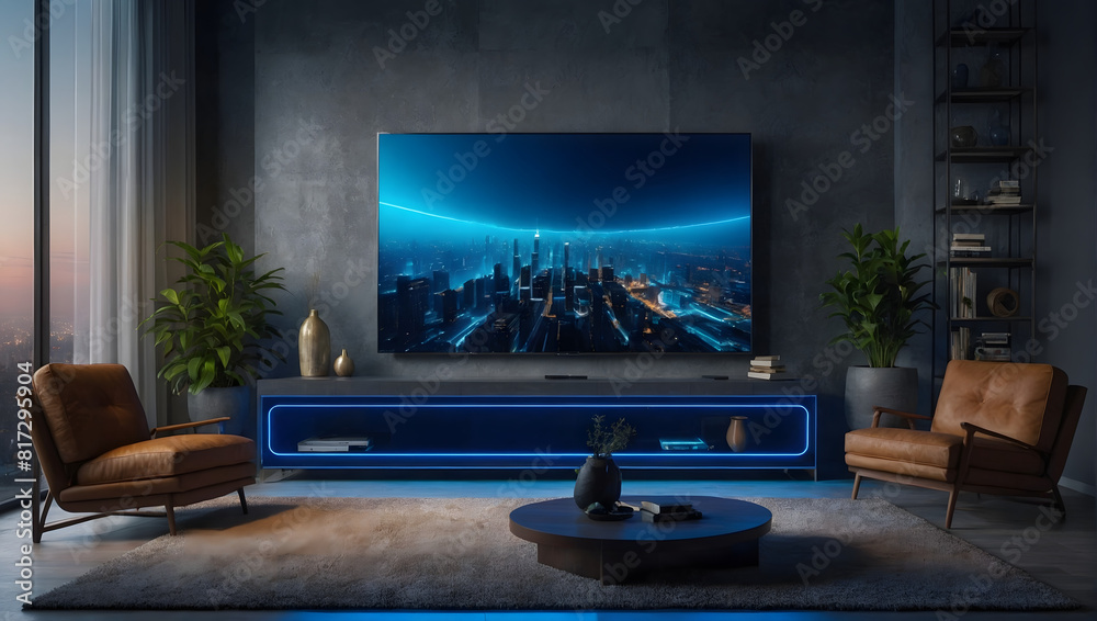 Smart tv in modern living room interior design with blue neon lights ...