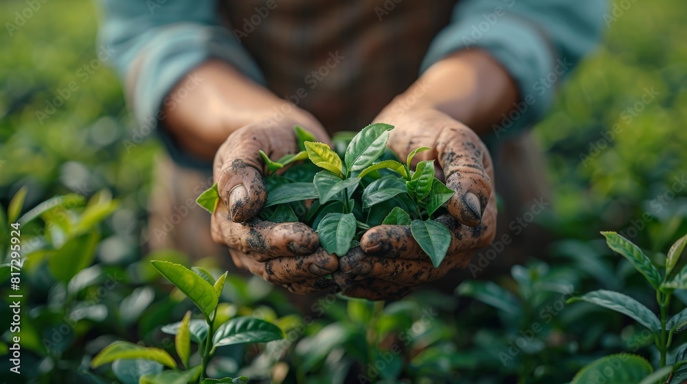 handcrafted tea process, close-up image of weathered hands holding ...