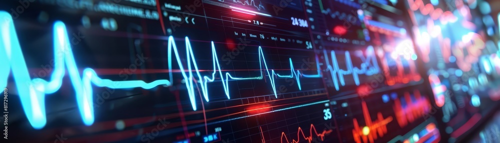 Close up of an electrocardiogram ECG monitor displaying complex heart ...