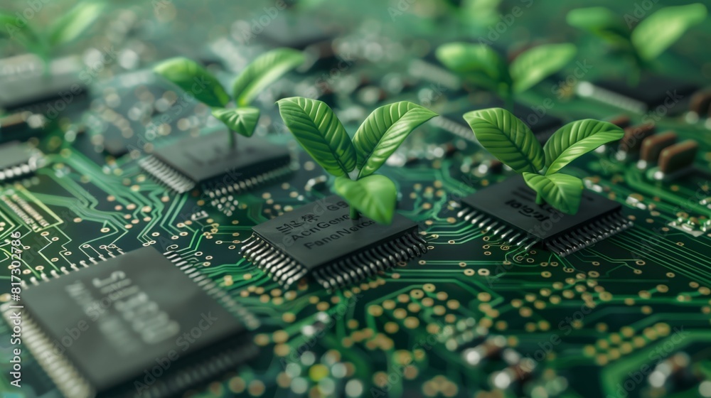 Eco-friendly circuit board with CPU and green plants, symbolizing ...