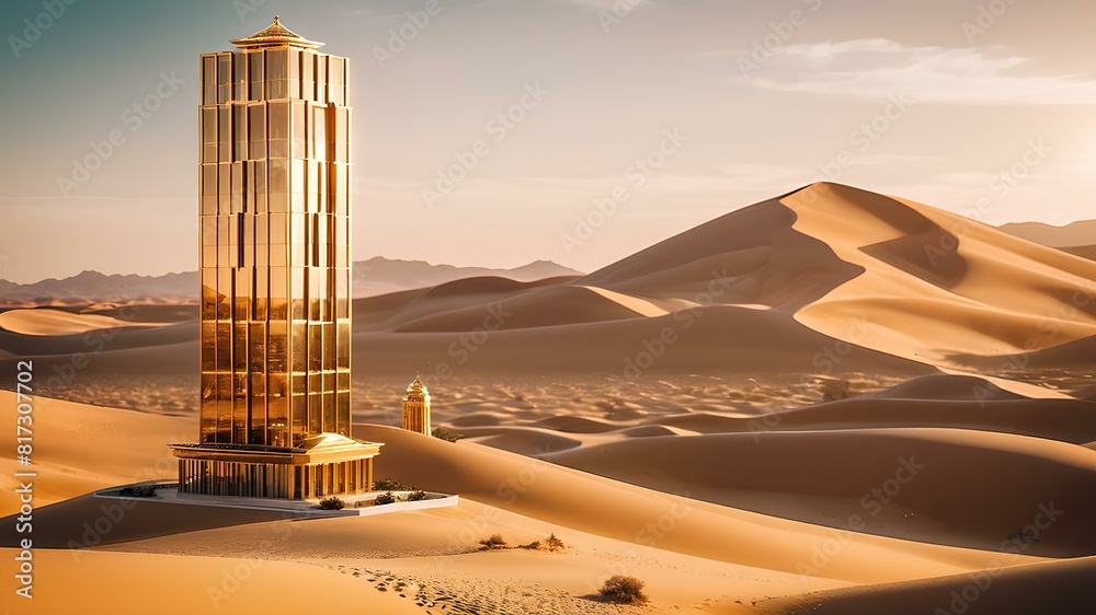 Unique shiny luxury golden tower in middle of desert full of hills. Hot ...