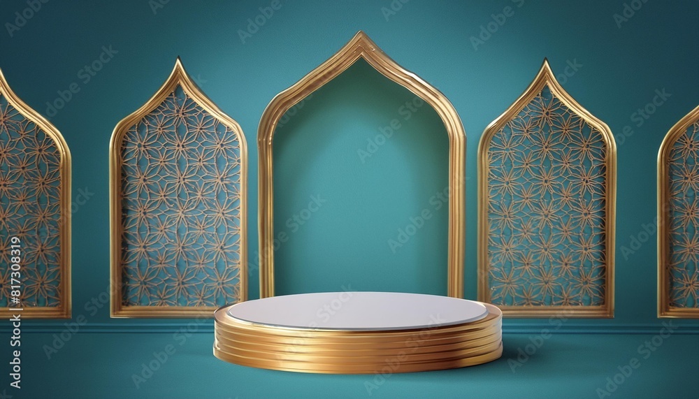 3d illustration of luxury islamic podium with gold border traditional ...