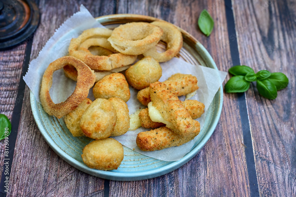 Selection of fast food snack. italian cheese breaded Mozzarella Sticks ...