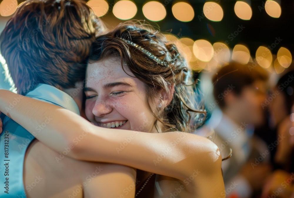 couple of guy and girl graduate students dancing and having fun at ...