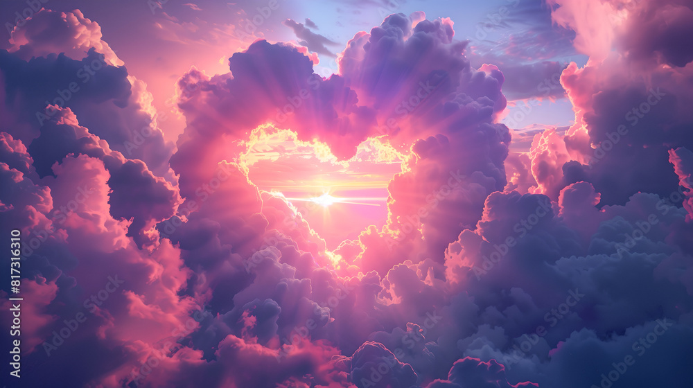Pink heart shaped clouds at sunset. Beautiful love background with copy ...