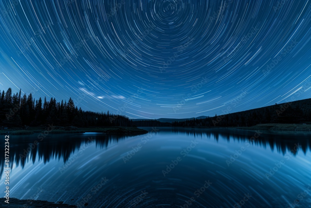 A long exposure captures the star trails in a circular pattern above a ...