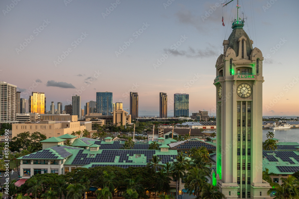 Exposure of the Aloha Tower at sunset, located on the Honolulu Harbor ...