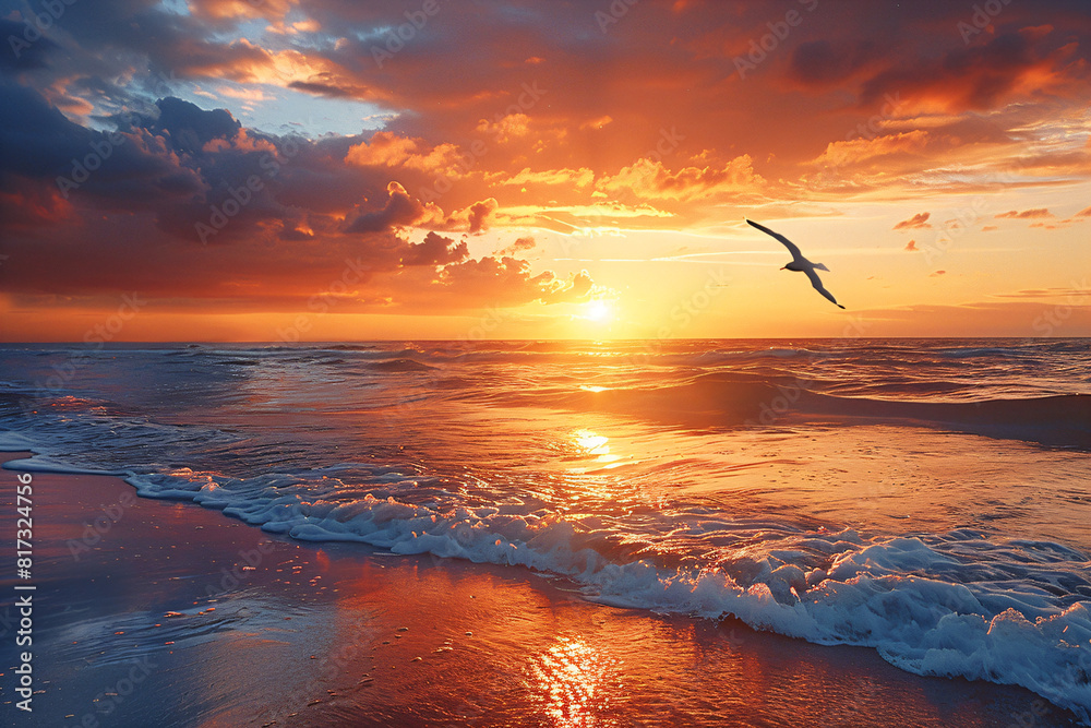 Sunset over the beach with a seagull flying. High-resolution seascape ...