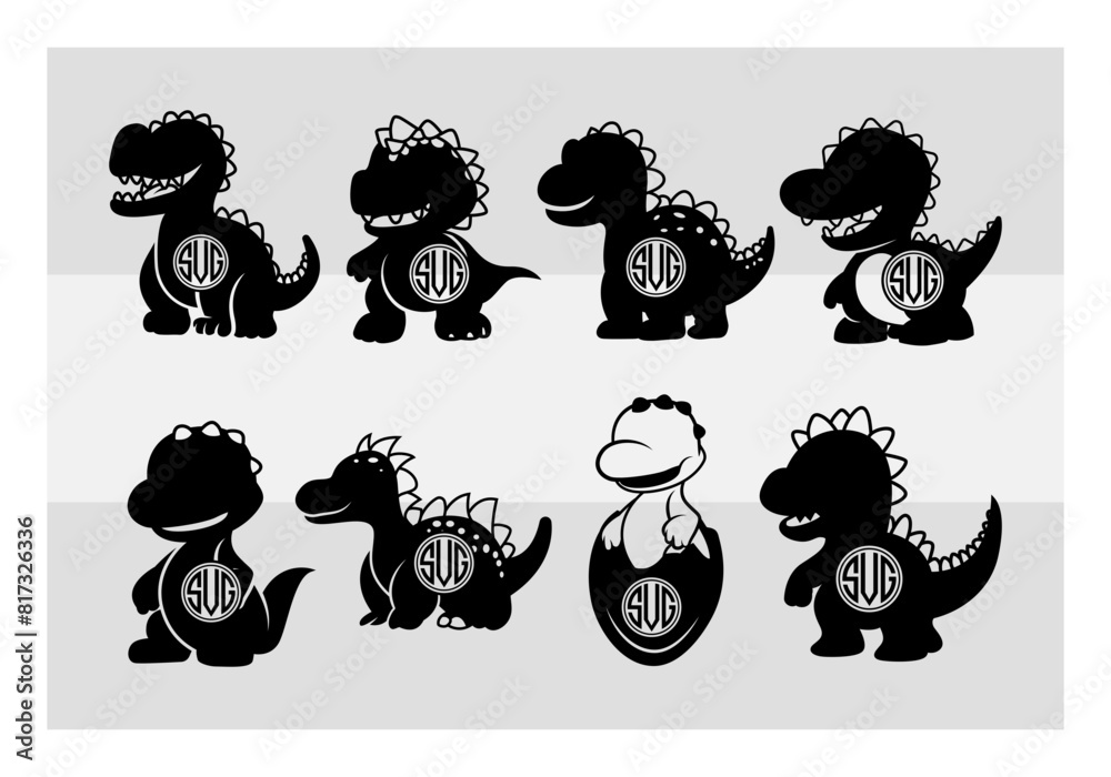 Dinosaur Circle Monogram Svg | Dinosaur Silhouette | Baby Dinosaur Svg ...