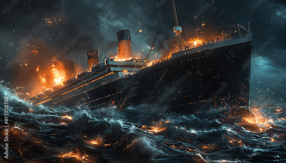 Capture a dramatic rear view perspective of the sinking Titanic in a ...