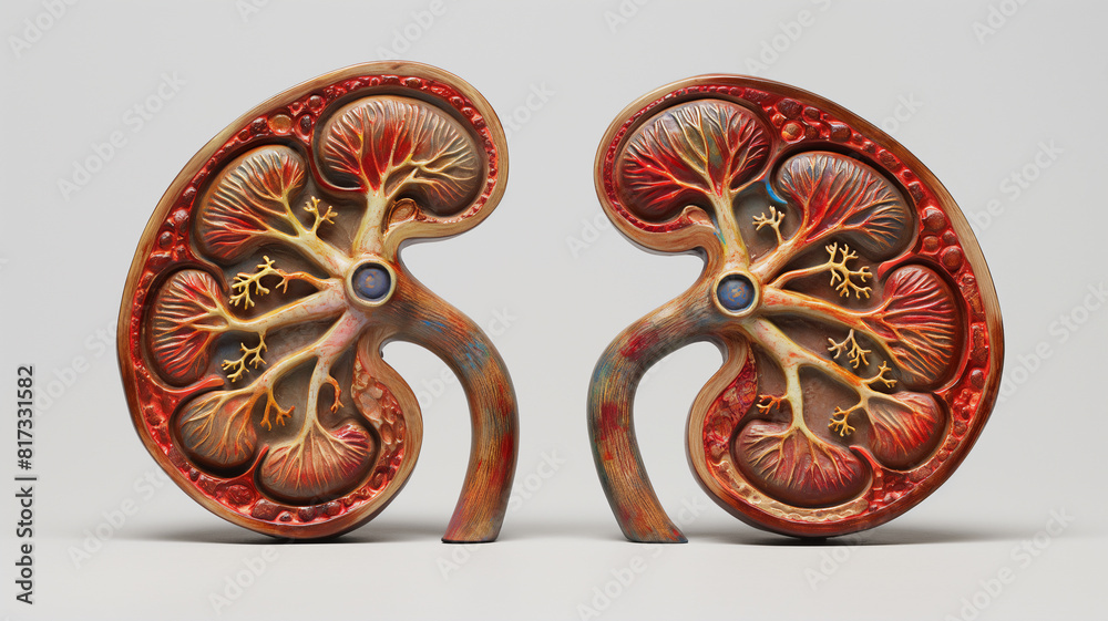 Detailed model of human kidneys, displaying internal structure with ...
