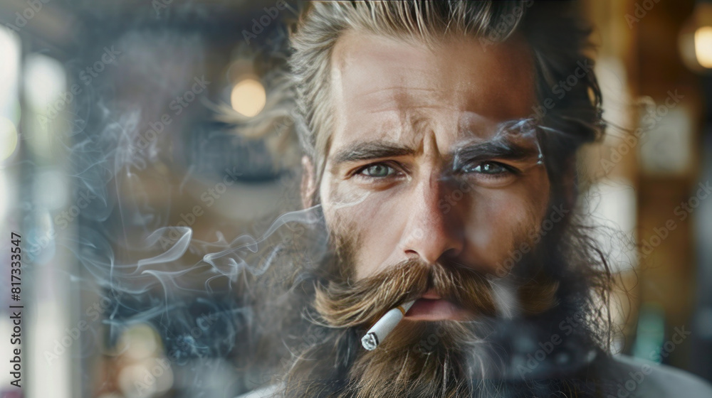 A bearded man smoking a cigarette with long beard and stylish hair ...