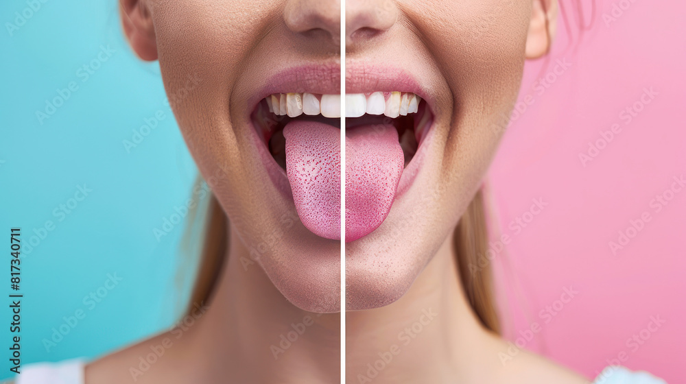 Woman showing her tongue before and after cleaning it. On one side, her ...