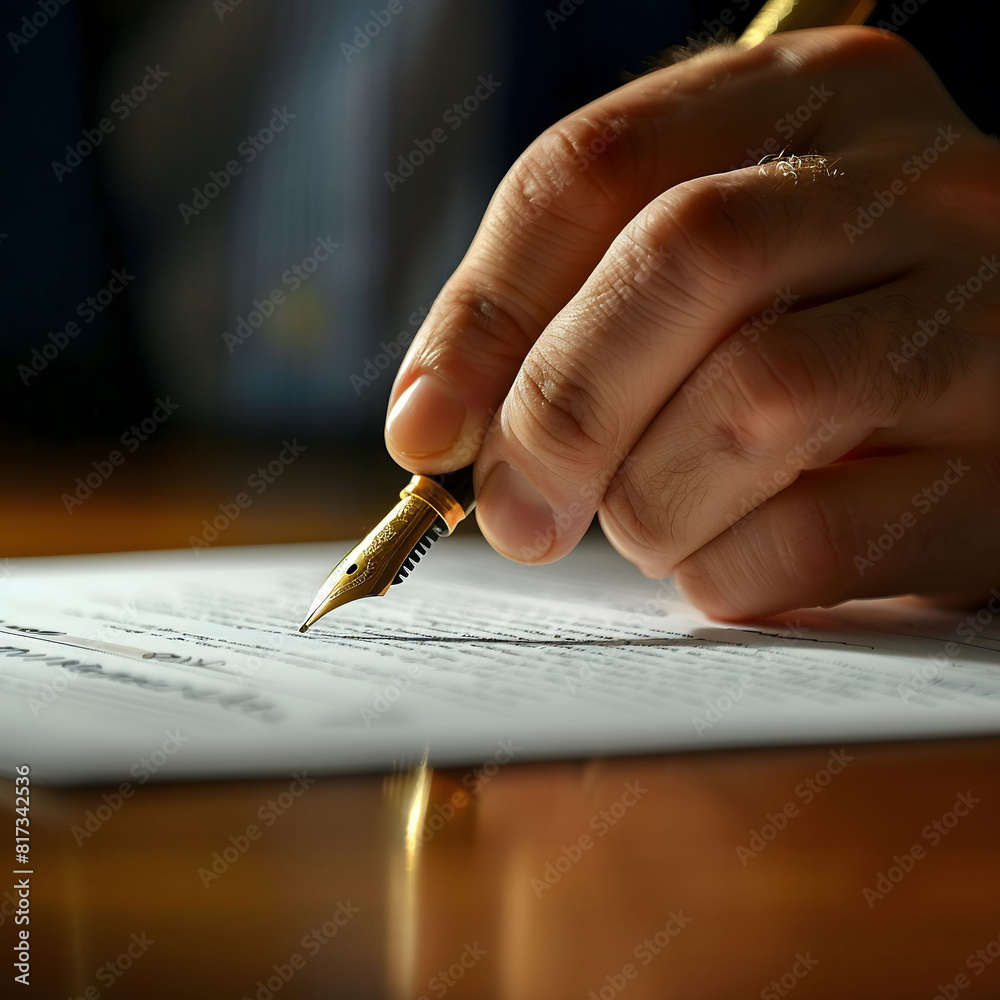 Visualize a side view perspective of a contract being signed, with ...