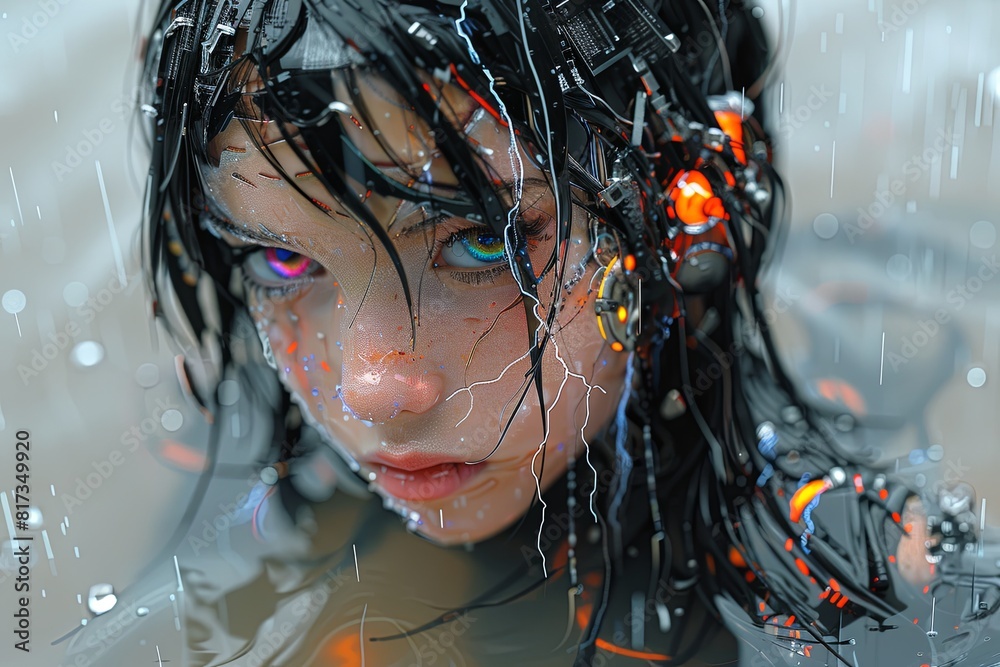 Shattered Cyborg Girl: Cyberpunk Full-Body Artwork with Lightning, Rain ...