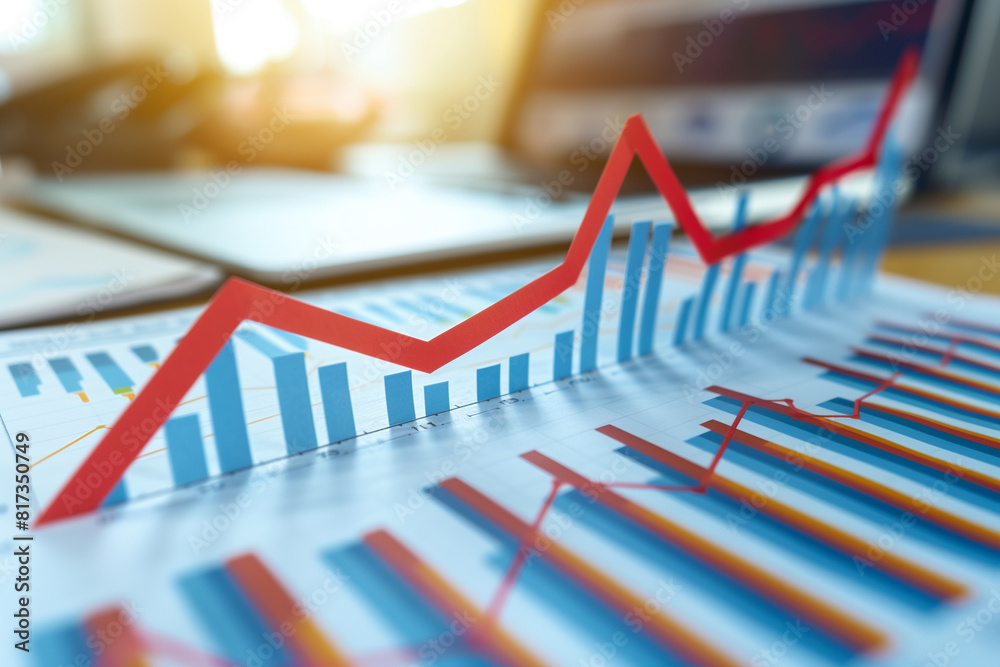 Business graphs with a red arrow rising steeply show a dramatic ...