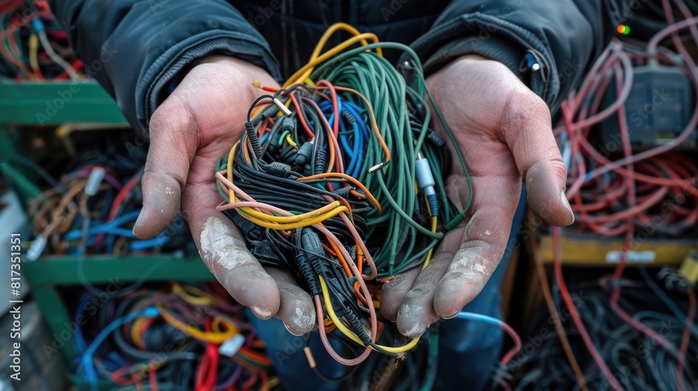 Teenager hands holding pile of tangled old smart technology wires, used ...