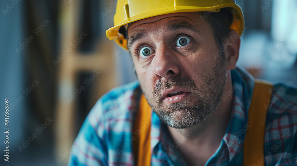 A male construction worker wears a yellow hard hat and a reflective ...