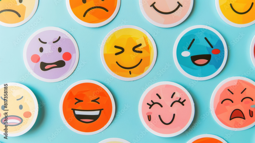 Assorted emoji stickers scattered on a bright blue background ...