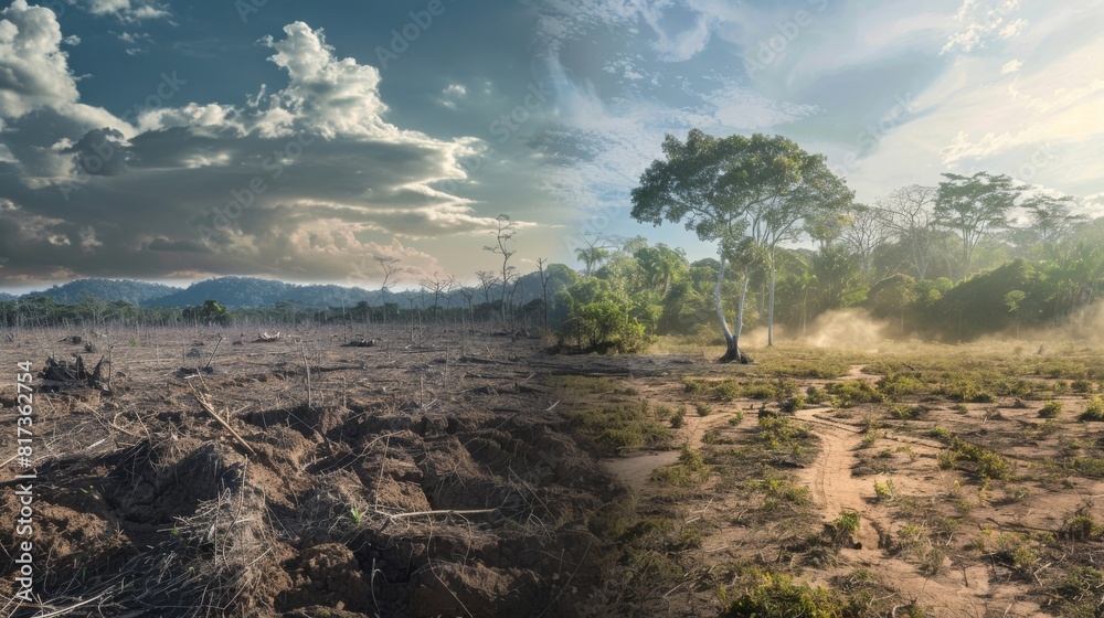 A landscape with deforestation and barren land on the left, and a ...