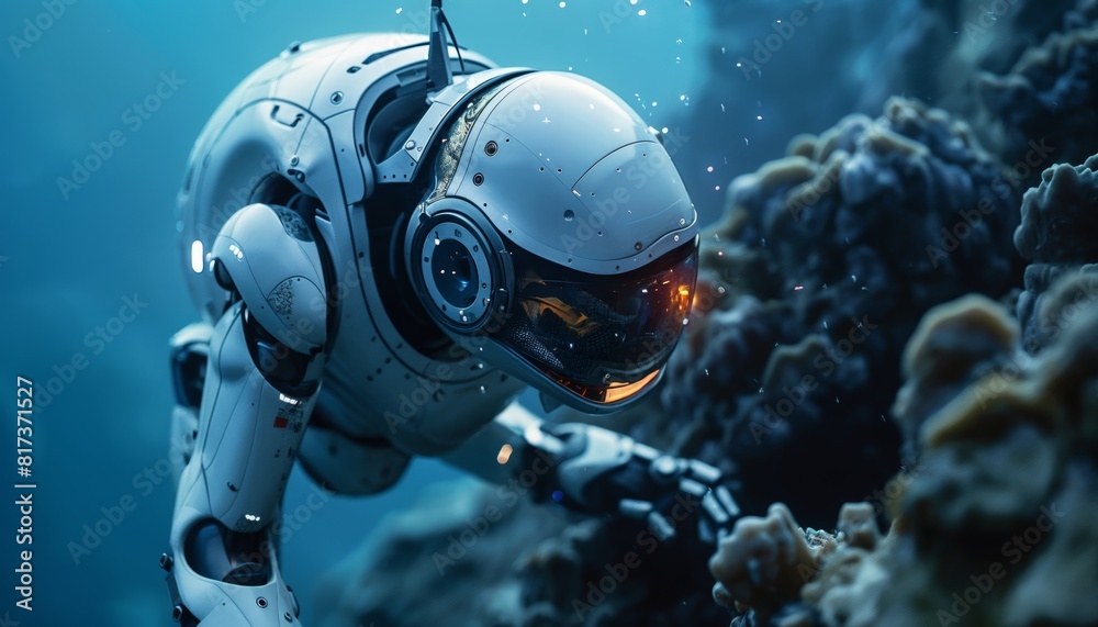 Humanoid robot exploring the deep ocean floor, its cameras recording ...