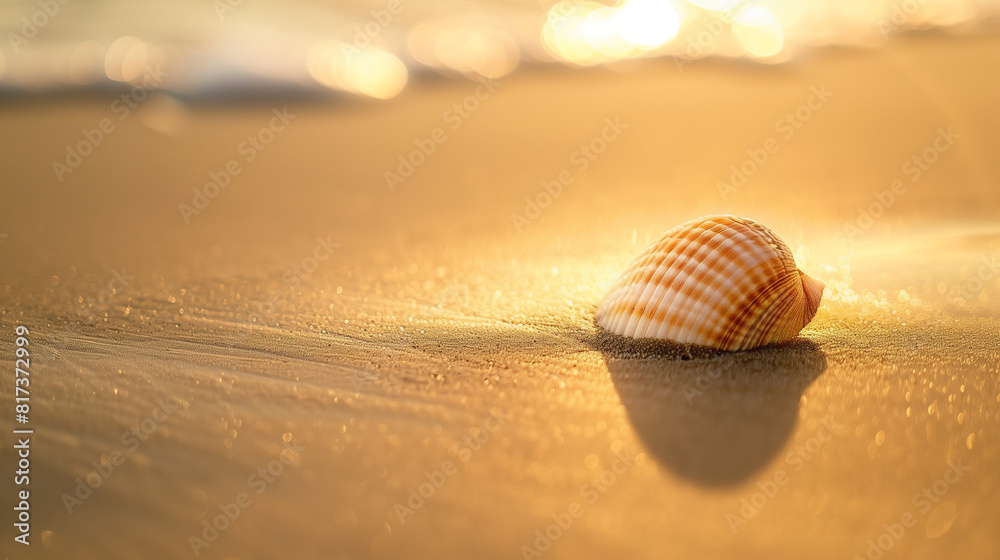 Clean and simple image of a single seashell on a smooth sandy beach ...