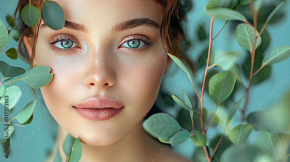 Beautiful woman with green leave near face and body. Closeup girl's ...
