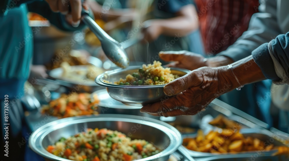 Volunteer hand serving meal to homeless people in shelter. Charity ...