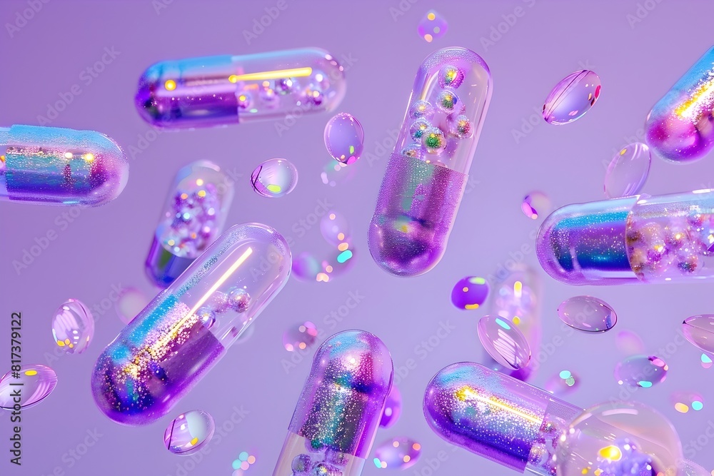 Capsulas moradas con burbujas iridiscentes flotando en un fondo lila ...
