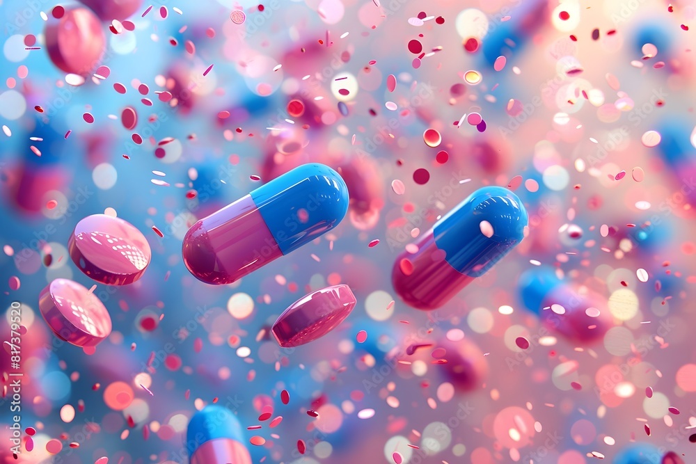 Pastillas rosas y capsulas color rosa y azul flotando en un fondo ...