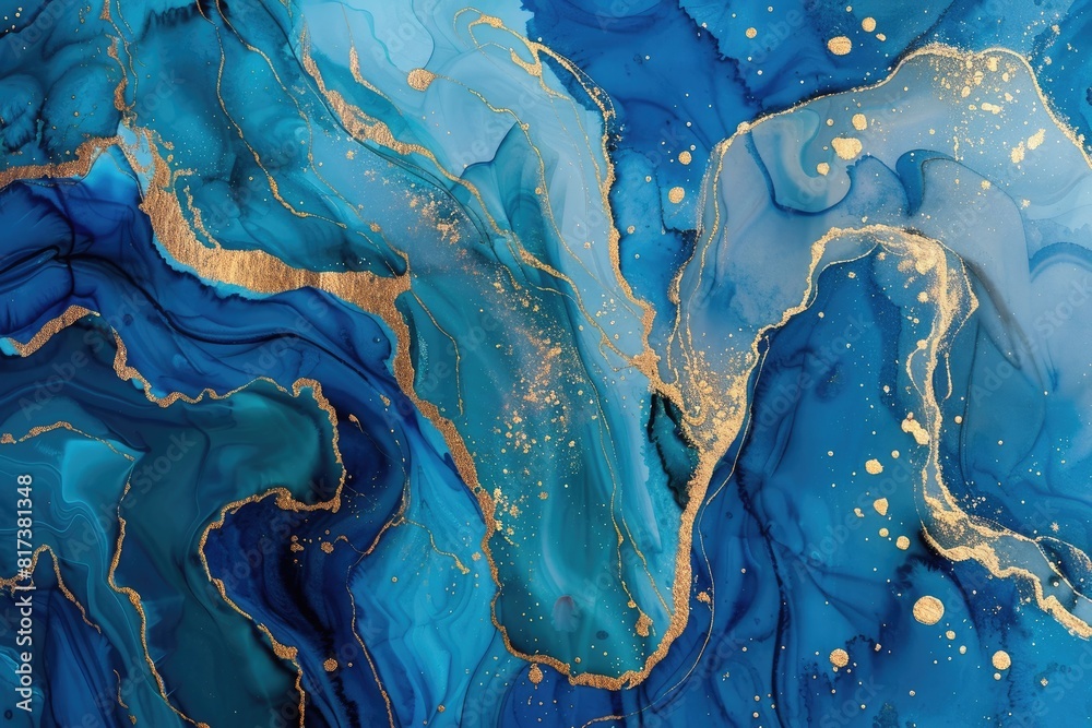 A blue and gold swirl pattern with gold flecks. The blue and gold color ...