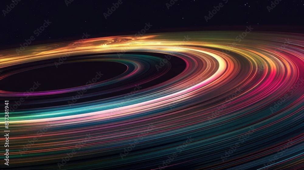 An awe-inspiring depiction of a planetary ring system, with colorful ...