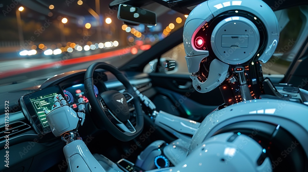Working together, Robot assisting a driver in a car, providing ...