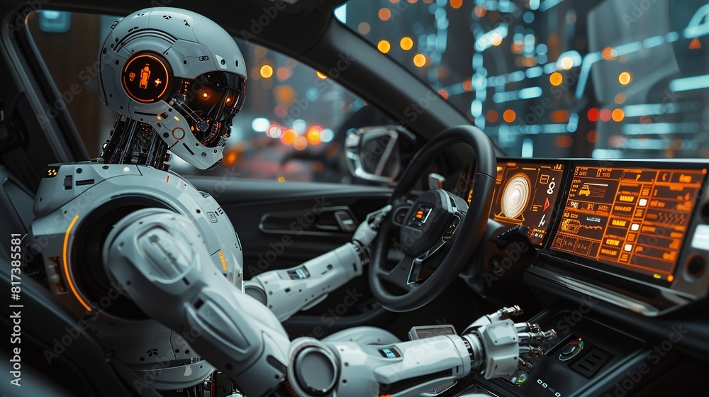 Working together, Robot assisting a driver in a car, providing ...
