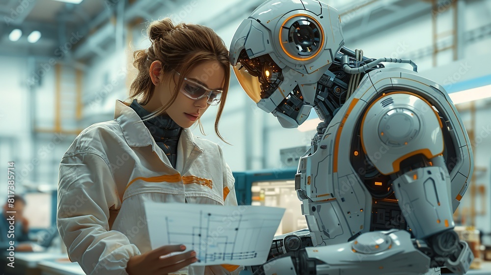 Working together, Robot collaborating with an engineer in a high-tech ...