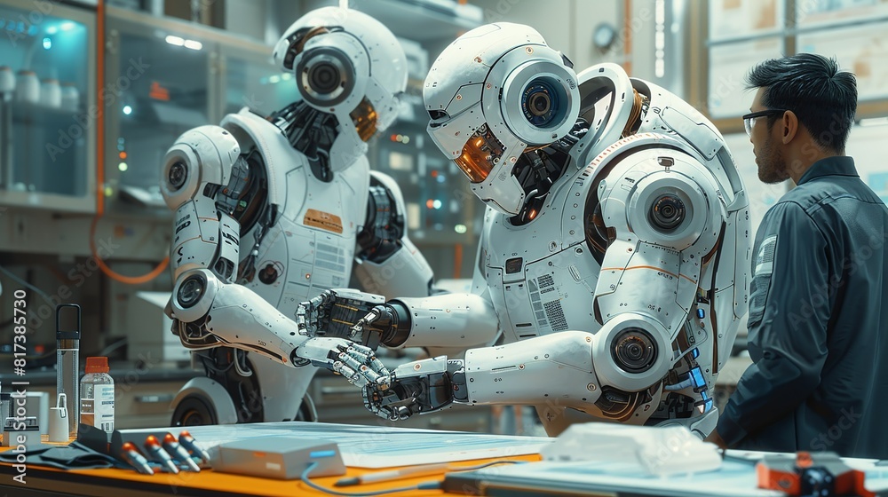 Working together, Robot collaborating with an engineer in a high-tech ...