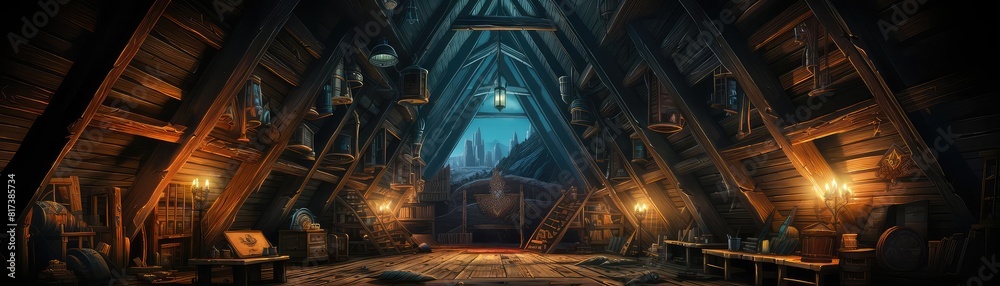 Attic background flat design front view rustic treasure trove theme ...