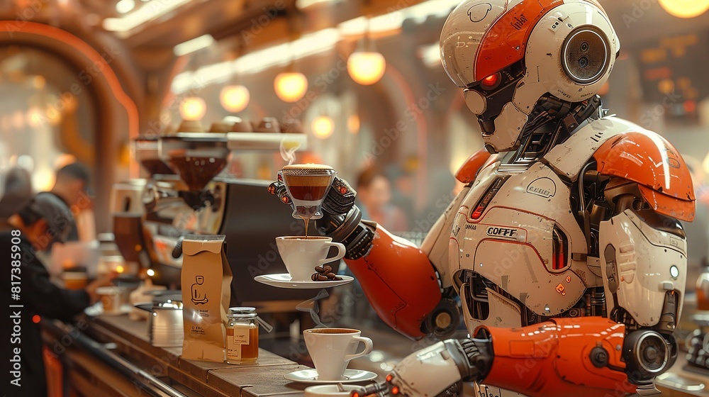 Working together, Robot serving coffee to a human in a cafe ...